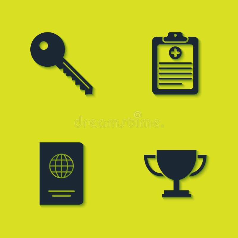 Set Key, Trophy Cup, Passport and Clinical Record Icon. Vector Stock ...