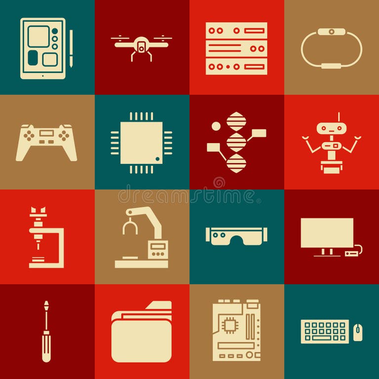 Set Keyboard and Mouse, Smart Tv, Robot, Server, Data, Web Hosting, Processor with Microcircuits ...
