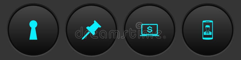 Set Keyhole, Push Pin, Laptop with Dollar and Smartphone Contact Icon ...