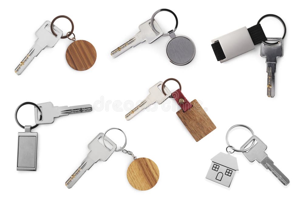 Set of Keys with Key Chains Isolated on White Stock Image - Image of ...