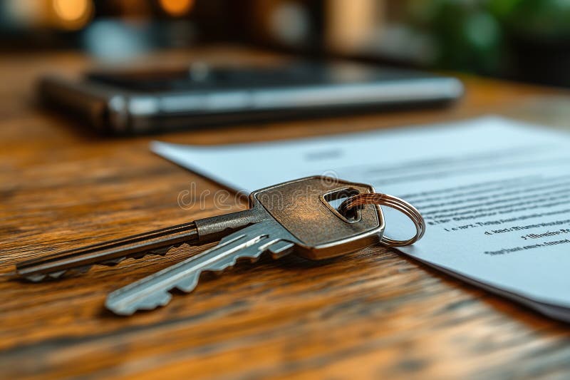 A Set of Keys on a Wooden Table beside a Document Stock Illustration ...