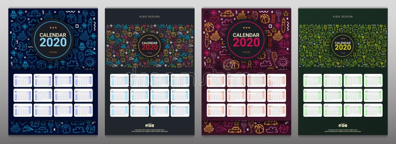 Set of Kids Calendars 2020 with Hand Draw Doodle Background. Stock ...