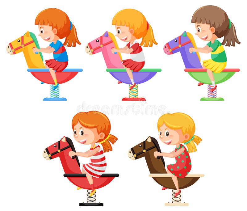 Set of Kids Riding on Different Spring Rocking Horses Stock Vector ...