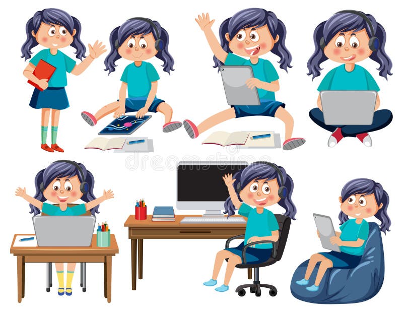 Set of Kids Using Tablet and Laptop Stock Vector - Illustration of ...