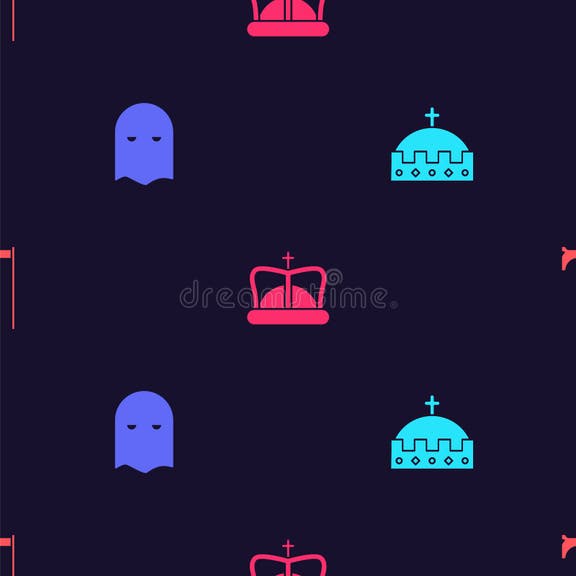 Set King Crown, Executioner Mask, and Medieval Axe on Seamless Pattern ...