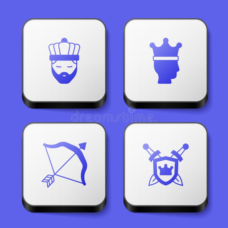 Set King with Crown, Medieval Bow and Arrow and Shield Swords Icon ...