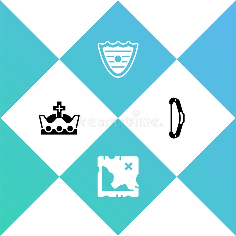 Set King Crown, Pirate Treasure Map, Shield and Medieval Bow Icon ...