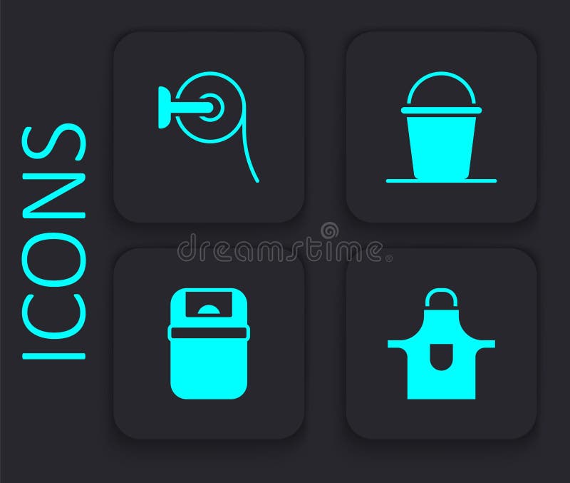 Set Kitchen Apron, Toilet Paper Roll, Bucket and Trash Can Icon. Black ...