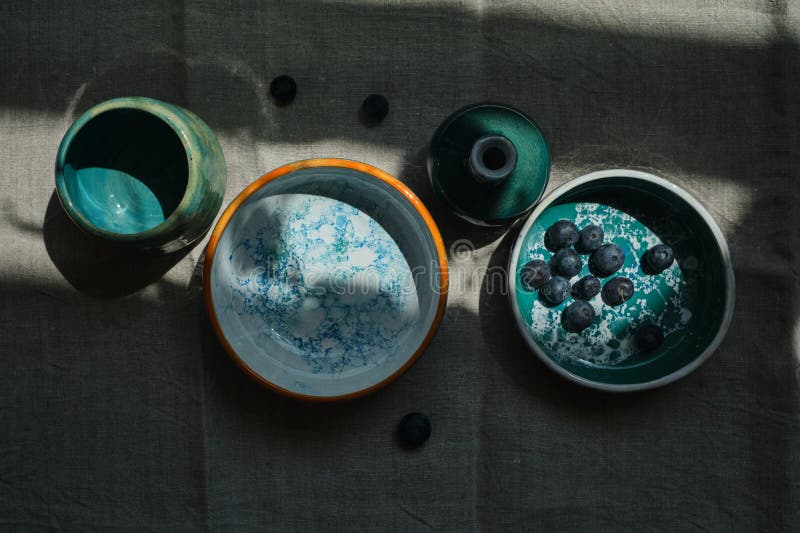 Set of Kitchen Ceramic Tableware on a Table. Eco Style Home Still Life ...