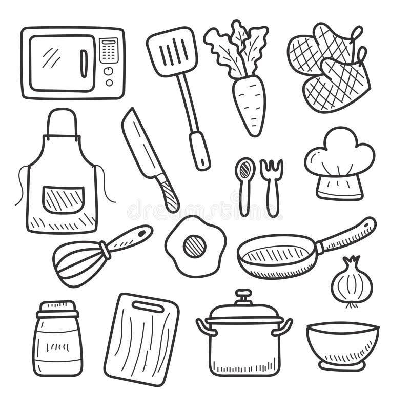 Kitchen Doodle Elements Set. Black Color Hand Drawing Sketch Stock ...