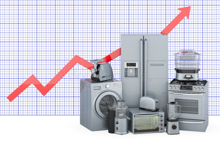 Set of Kitchen and Home Appliances with Growing Chart, 3D Rendering ...