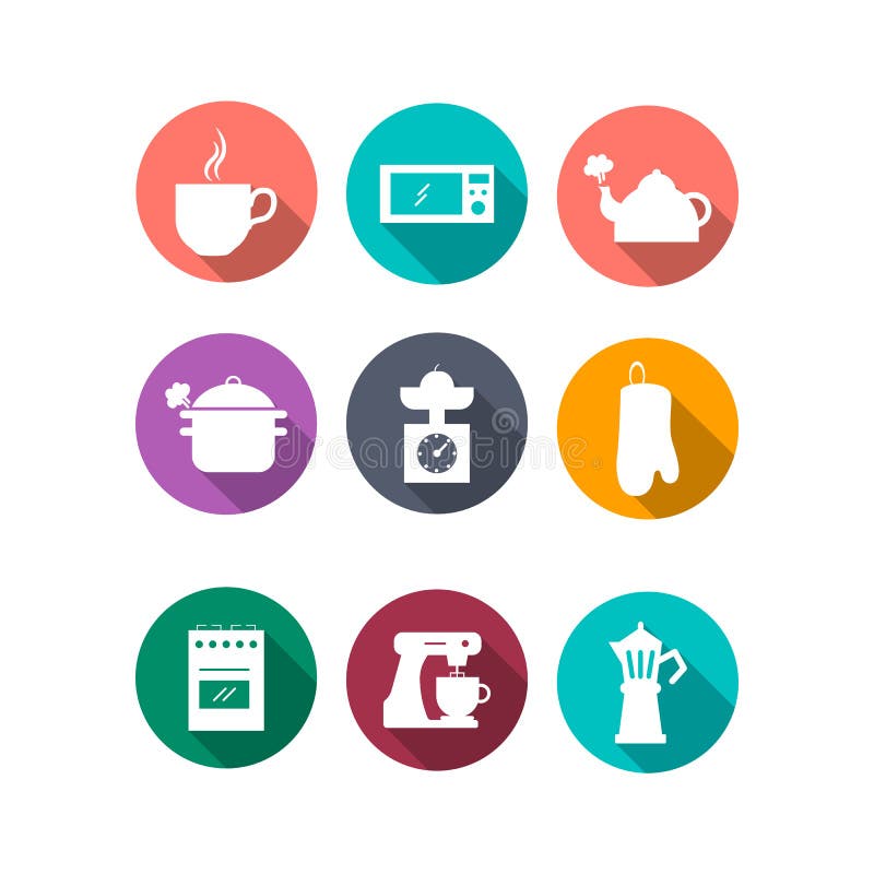 Set of Kitchen Icons with Long Shadow in Flat Design. Round Icons Stock ...