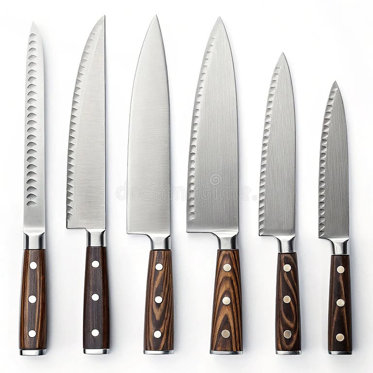 Set of Kitchen Knives with Different Blade Types on White Background ...