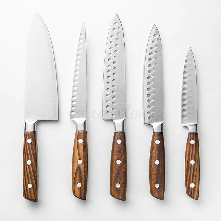 Set of Kitchen Knives with Different Blade Types on White Background ...