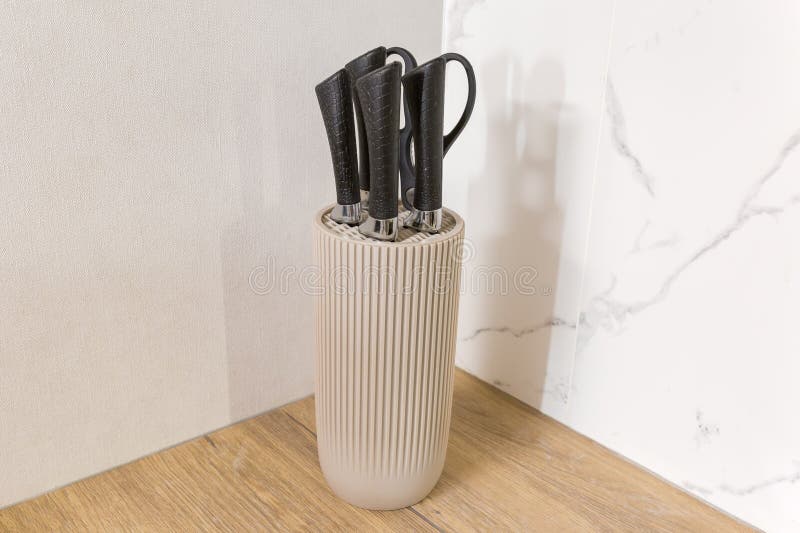 Set of the Kitchen Knives in Universal Knife Storage Block Stock Photo ...