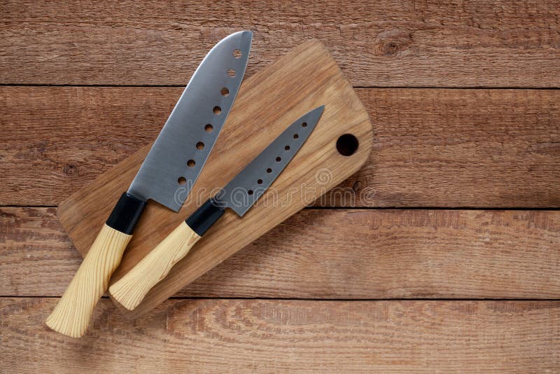 Set of Kitchen Knives with Wooden Handle, Top View, Close Up Stock ...