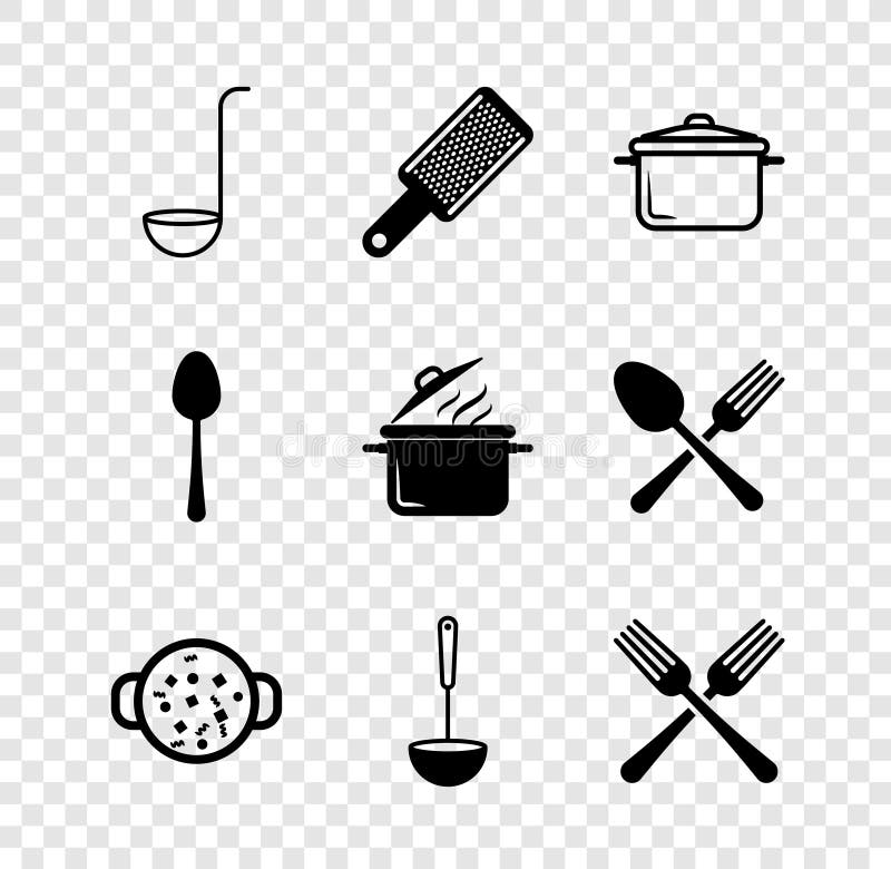 Set Kitchen Ladle, Grater, Cooking Pot, Soup, Crossed Fork, Spoon and ...