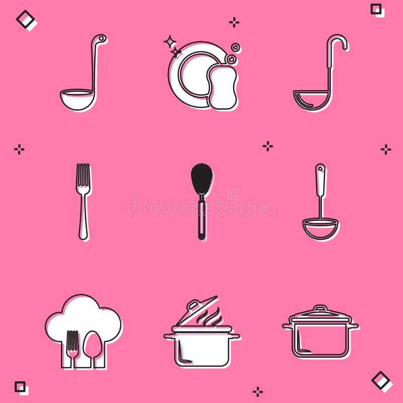 Set Kitchen Ladle, Washing Dishes, Fork, Whisk, Chef Hat with Fork and ...