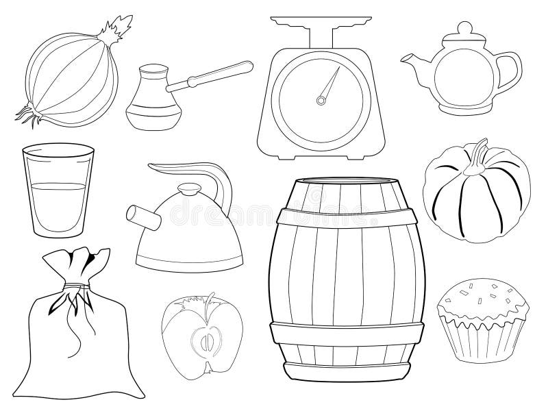 Set of Kitchen Objects and Foods Stock Illustration - Illustration of ...