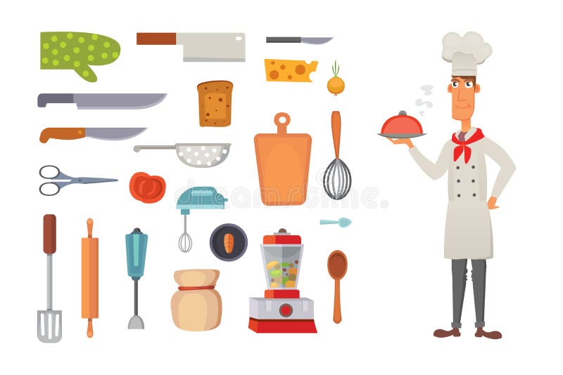 Set Kitchen Shelves and Cooking Utensils Vector. Chef Character Concept ...