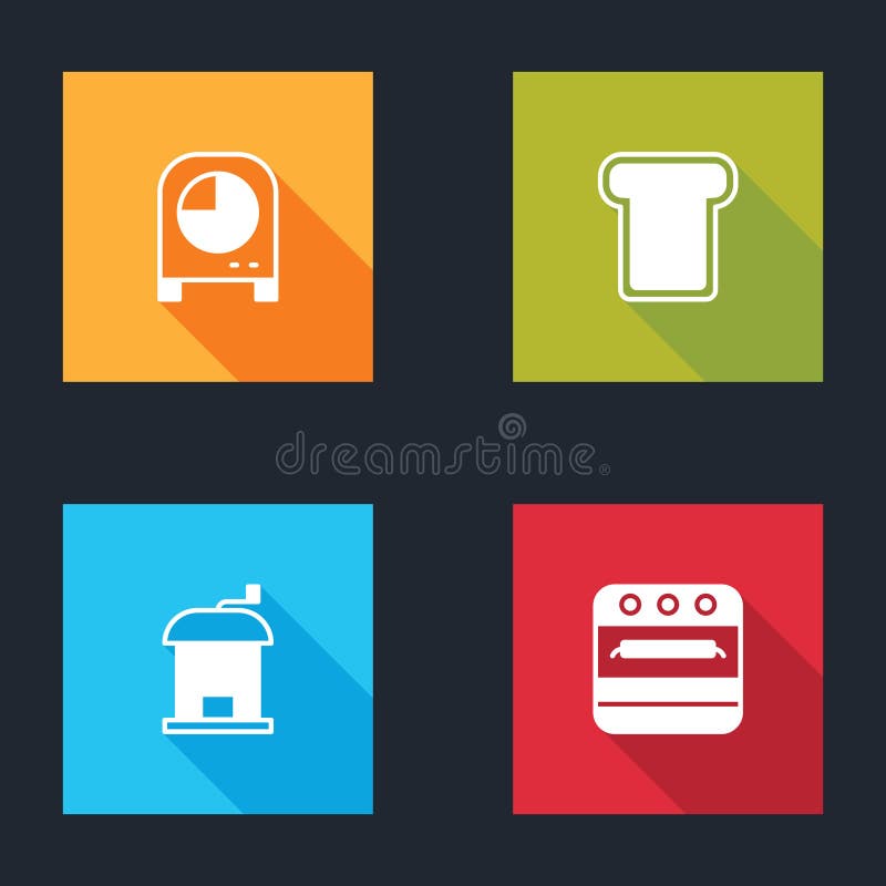 Set Kitchen Timer, Bread Toast, Manual Coffee Grinder and Oven Icon ...