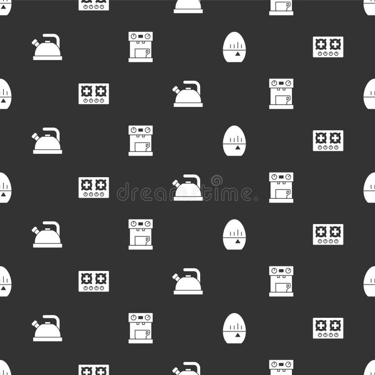 Set Kitchen Timer, Gas Stove, Kettle with Handle and Coffee Machine on ...