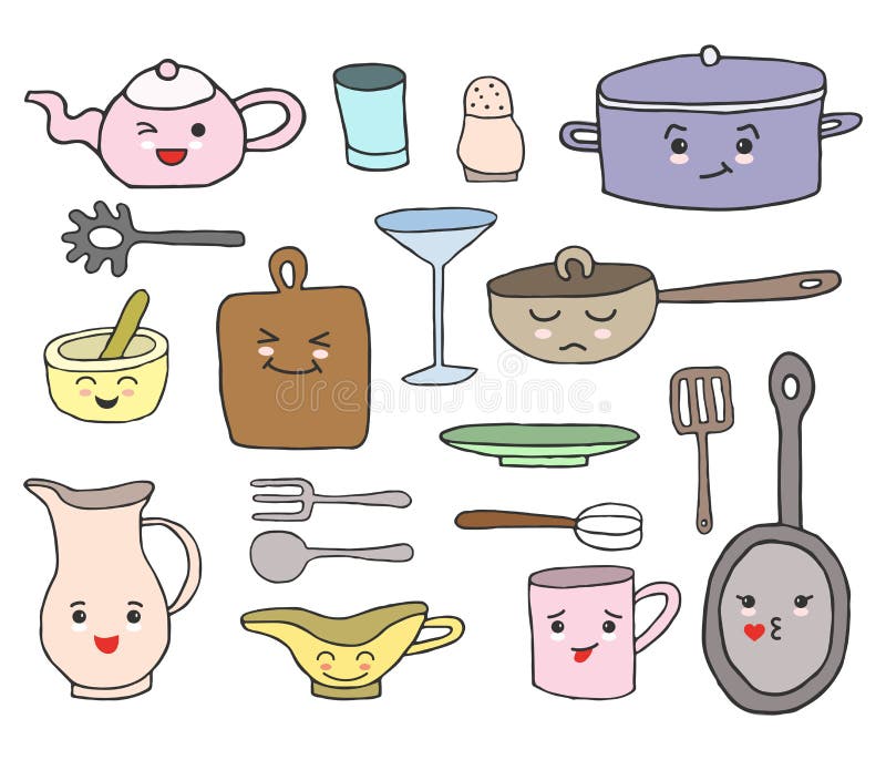 Set of Kitchen Tools with Cartoon Kawaii Faces and Different Emotions ...