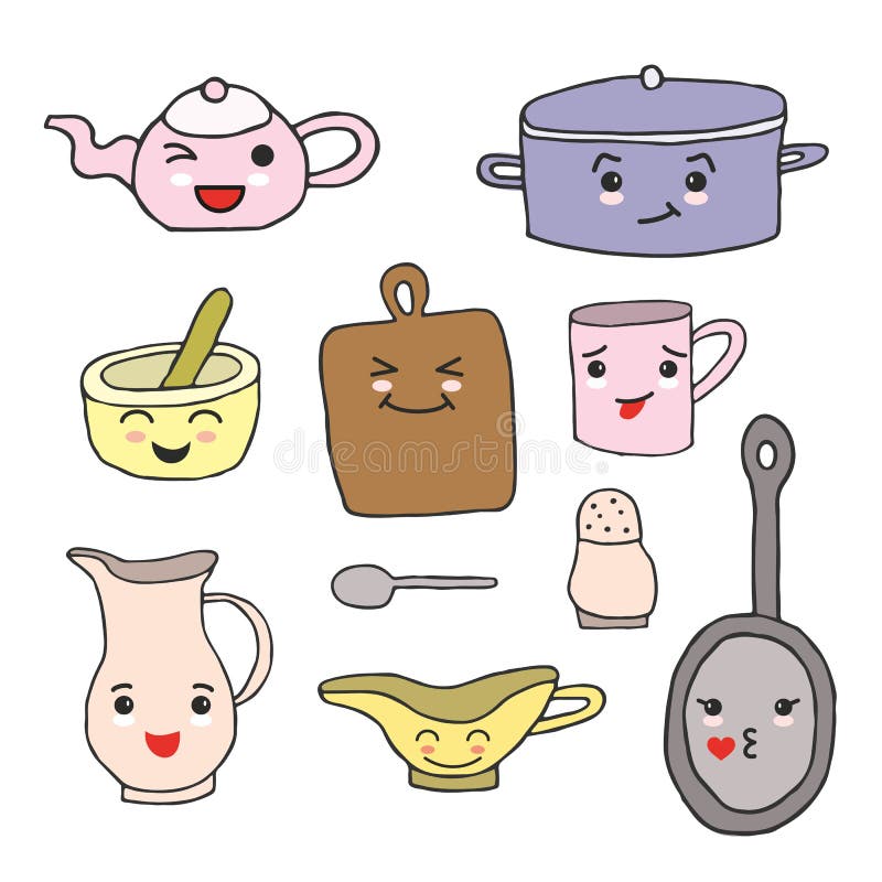 Set of Kitchen Tools with Cartoon Kawaii Faces Stock Illustration ...