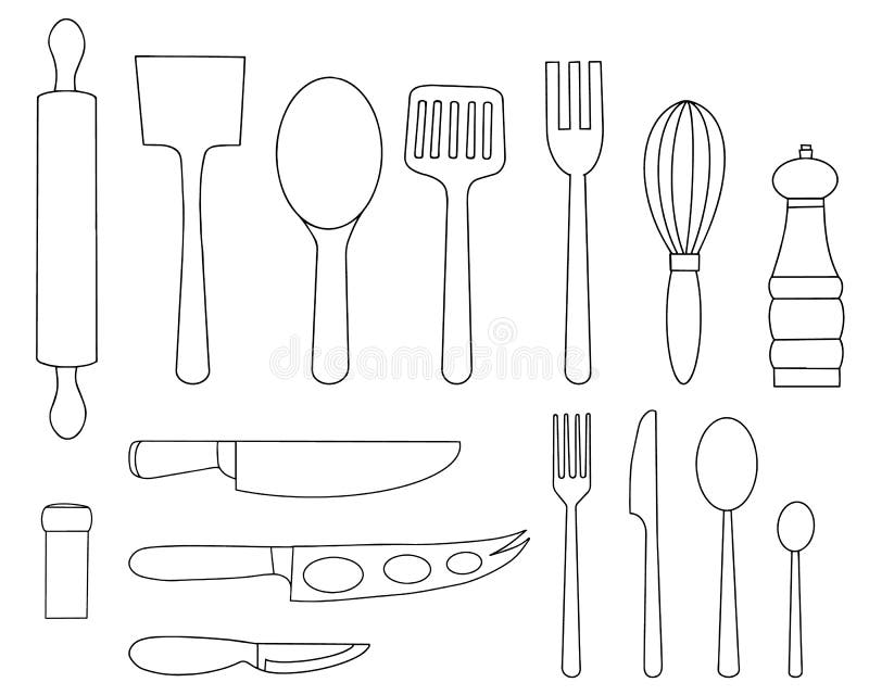 Set of Kitchen Tools and Cutlery for Meals. Linear Hand Drawing Stock ...