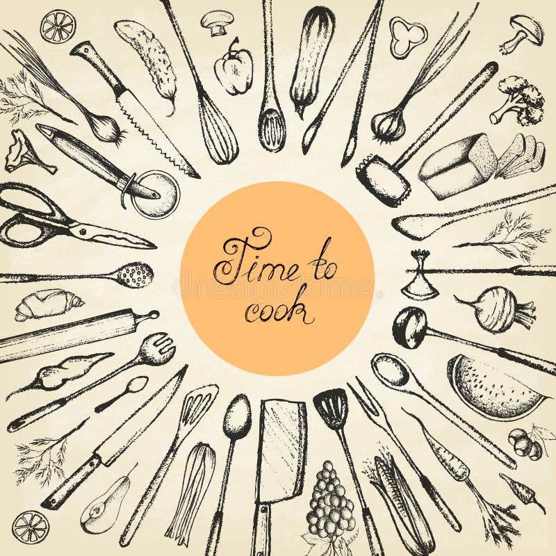 Set of Kitchen Tools and Hand-drawn Food. Stock Vector - Illustration ... Set of Kitchen Tools and Hand-drawn Food. Stock Vector - Illustration ...