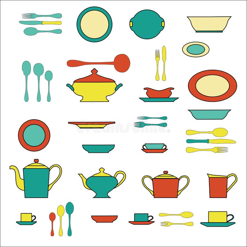 Set of Kitchen Utensil and Collection of Tableware Illustration. Stock ...