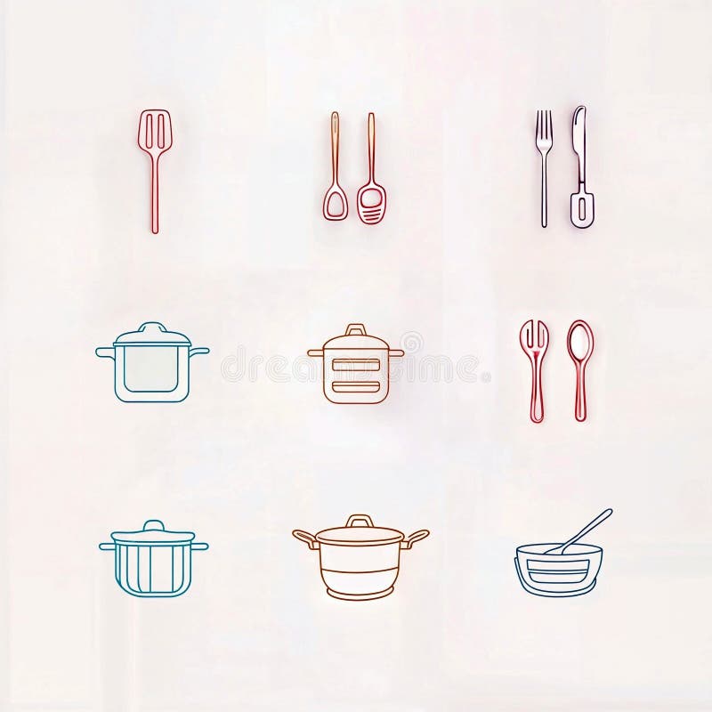 A Set of Kitchen Utensil Line Art Illustrations Including Pots, Pans ...