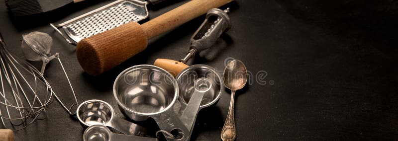 Set of Kitchen Utensils on Black Background. Tools for Cooking Stock ...