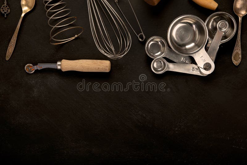 Set of Kitchen Utensils on Black Background. Tools for Cooking Stock ...