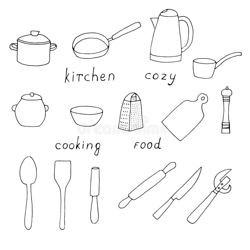 Set of Kitchen Utensils for Cooking, Vector Doodle Illustration ...