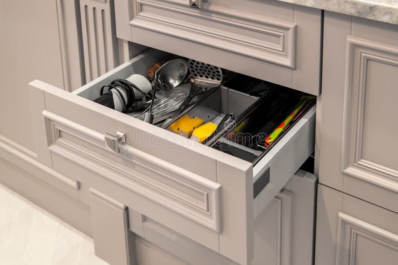 Set of Kitchen Utensils in Opened Drawer Stock Photo - Image of ...
