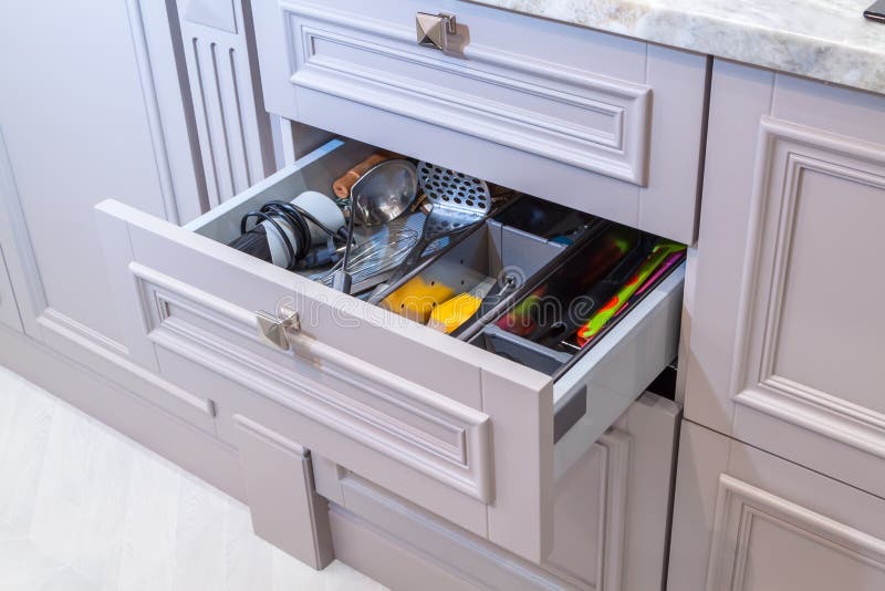 Set of Kitchen Utensils in Opened Drawer Stock Photo - Image of wooden ...