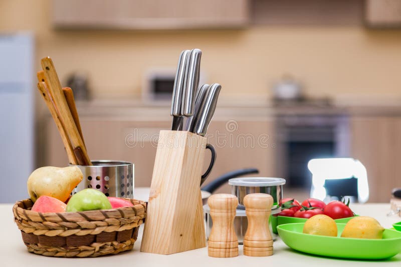 The Set of Kitchen Utensils on the Table Stock Image - Image of oven ...