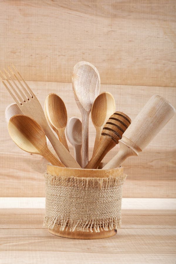 Set of Kitchen Utensils on Wooden Board Stock Photo - Image of ...