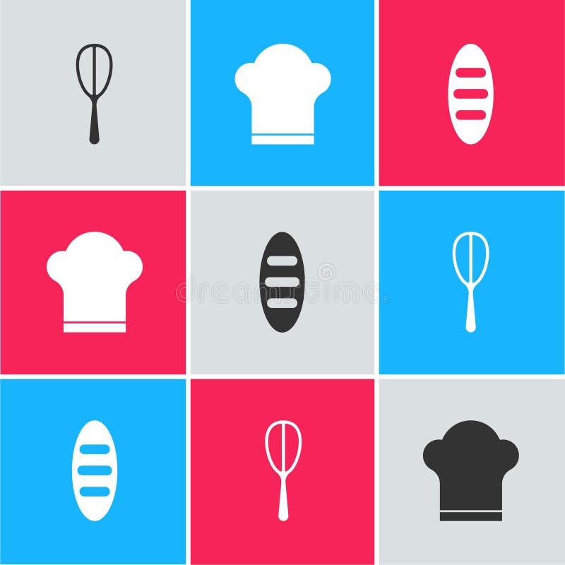 Set Kitchen Whisk, Chef Hat and Bread Loaf Icon. Vector Stock Vector ...