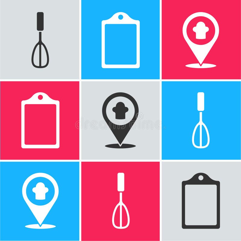Set Kitchen Whisk, Cutting Board and Chef Hat with Location Icon ...