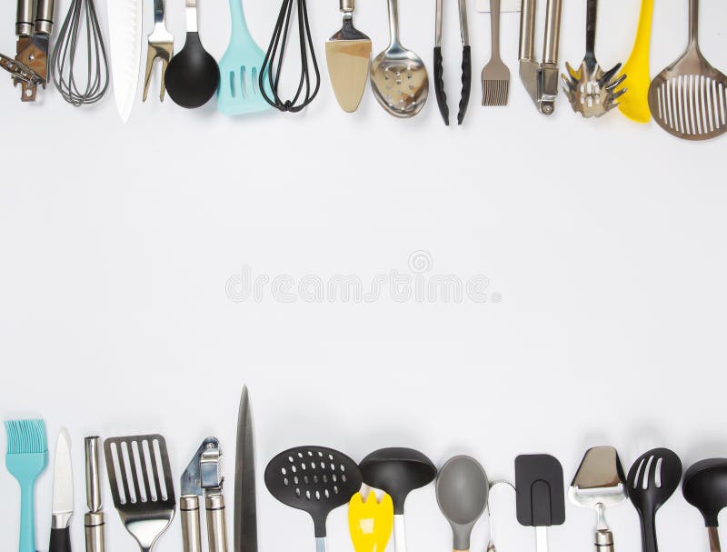 Different Kitchenware On A Gray Background Top View. Cooking Appliances ...