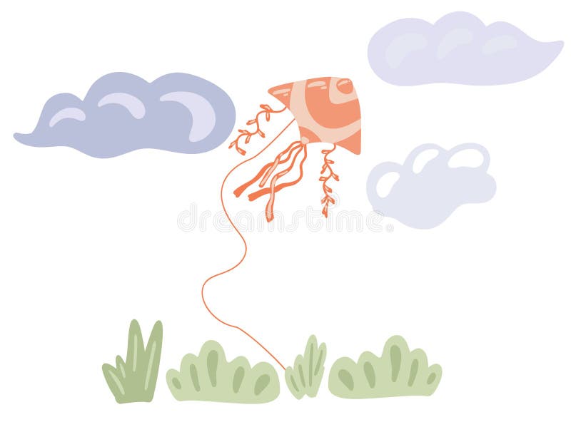 Set with Kite Grass and Clouds Flat Design Spring Summer Vibe Stock ...