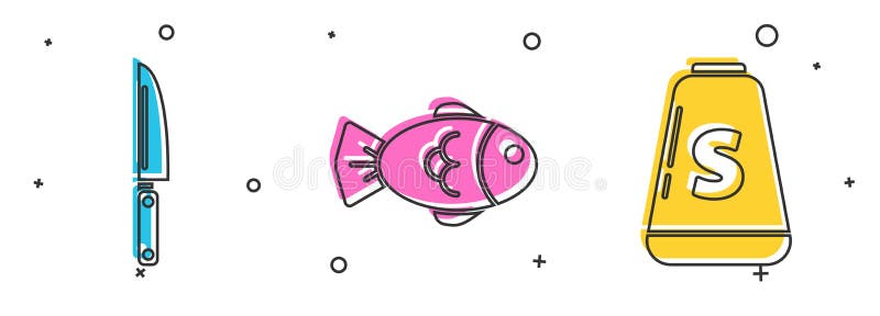 Set Knife, Fish and Salt Icon. Vector Stock Illustration - Illustration ...