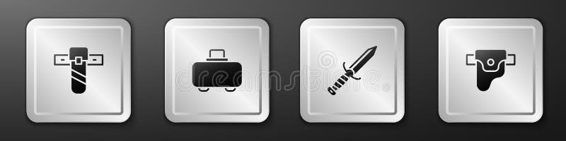 Set Knife Holster, Weapon Case, Military Knife and Gun in Icon. Silver ...