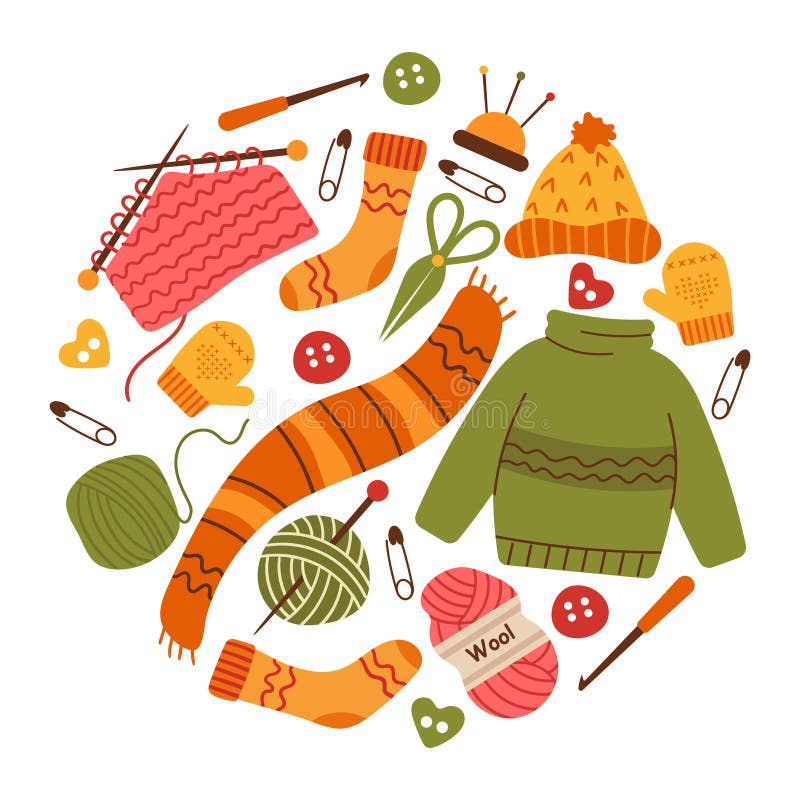 Set of Knitted Things and Items for Knitting. Vector of Elements of ...