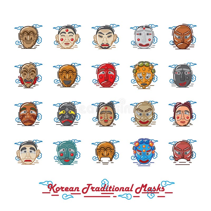 Set of Korean Traditional Mask Icons. Vector Illustration Decorative ...