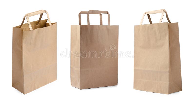 Set with Kraft Paper Bags on White Background. Banner Design Stock ...