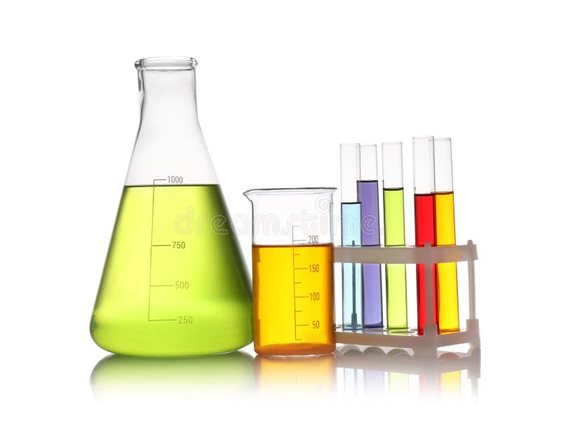 Set of Lab Glassware with Liquids Isolated on White. Solution Chemistry ...