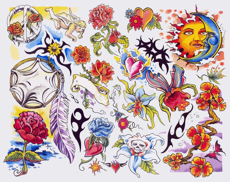 Flowers Newskool Tattoo Set. Set of Labels and Elements. Vector Set ...